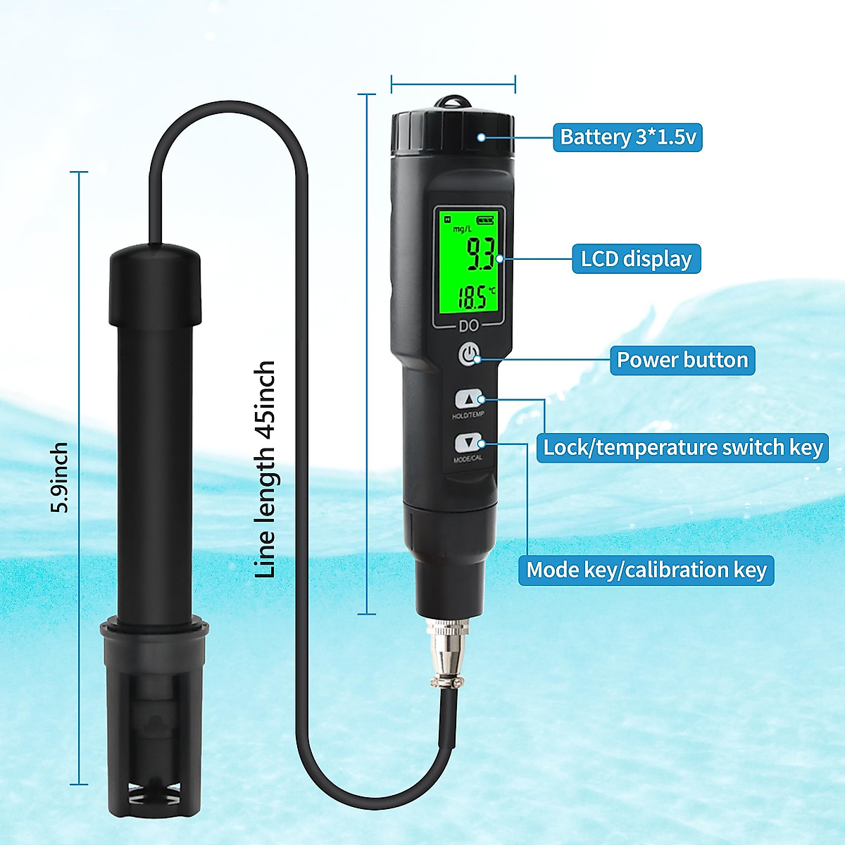 Rowyet Dissolved Oxygen Meter with ATC,Portable Dissolved Oxygen Test Kit Range 0.0-40mg/L,DO Meter with Electrode Filling Fluid,Water Test Kit for Swimming Pools,Aquarium,Fish Pond.