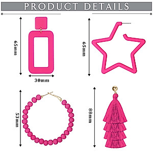 FUNRUN JEWELRY 4Pairs Statement Earrings Geometric Heart Drop Hoop Earrings Boho Long Tassel Dangle Earrings Hot Pink Earrings for Women