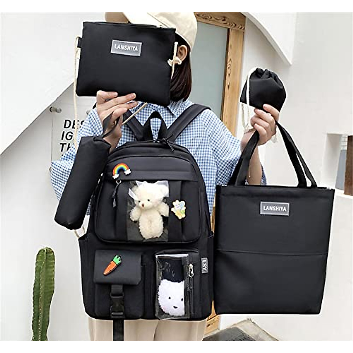 5PCS Kawaii Backpack Set with Kawaii Pendant and Pins Accessories, Shoulder Bag School Bags Handbag Coin Purse Pencil Case