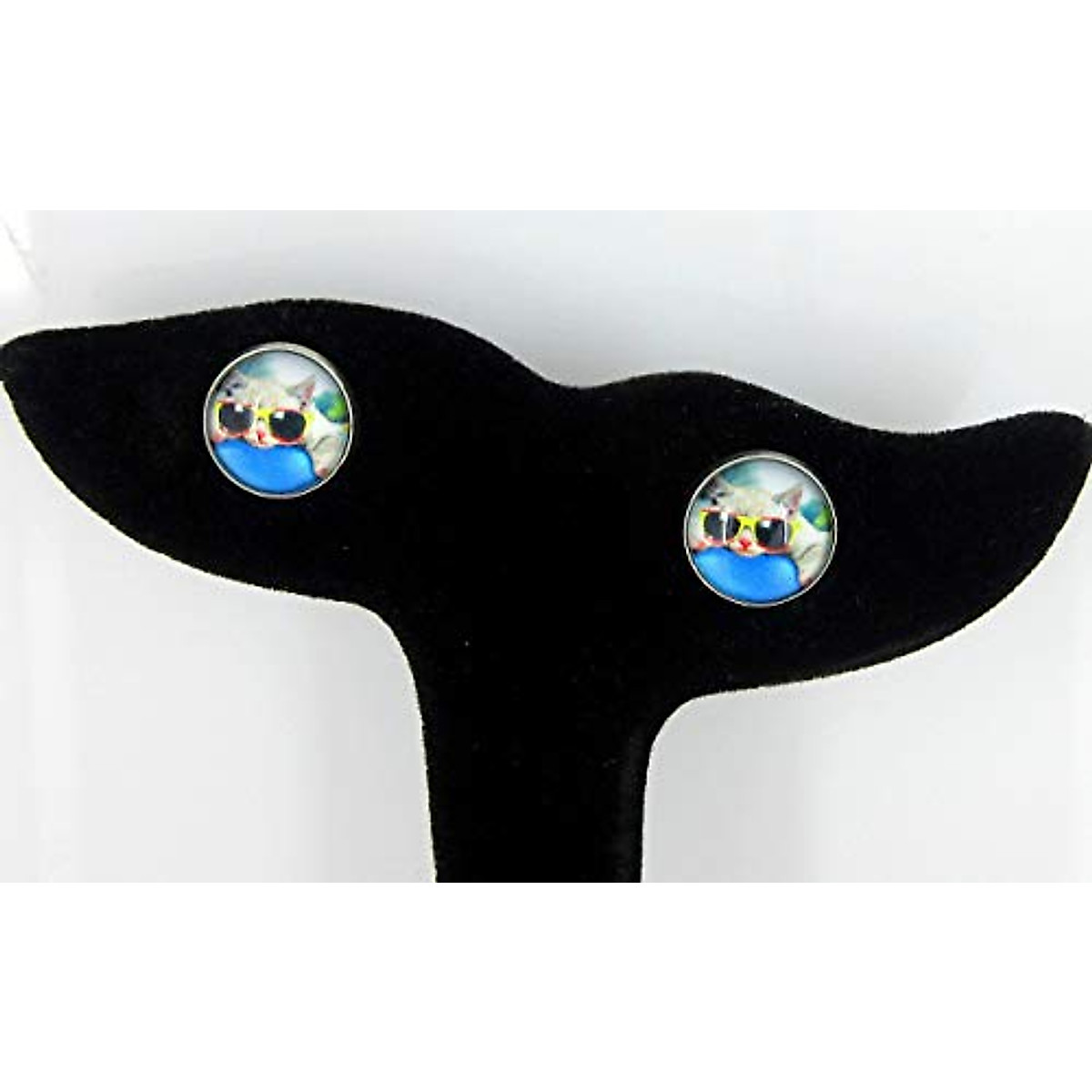 Stainless Steel Cool Cat in Sunglasses Print Glass Stud Earrings 12mm