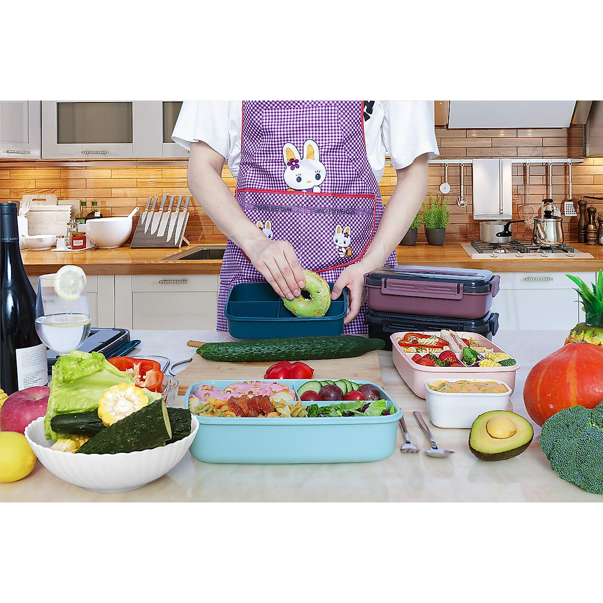 MINCOCO Bento Lunch Box Leak-proof Eco-Friendly Bento Box Food Storage Containers with Sauce Jar and Stainless Spoon&Fork for Adults Women Men Kids