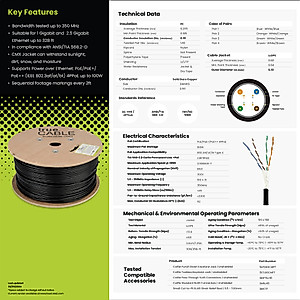 trueCABLE Cat5e Outdoor, 1000ft, Waterproof Direct Burial Rated CMX, Black 24AWG Solid Bare Copper, 350MHz, PoE++ (4PPoE), ETL Listed, Unshielded UTP, Bulk Ethernet Cable
