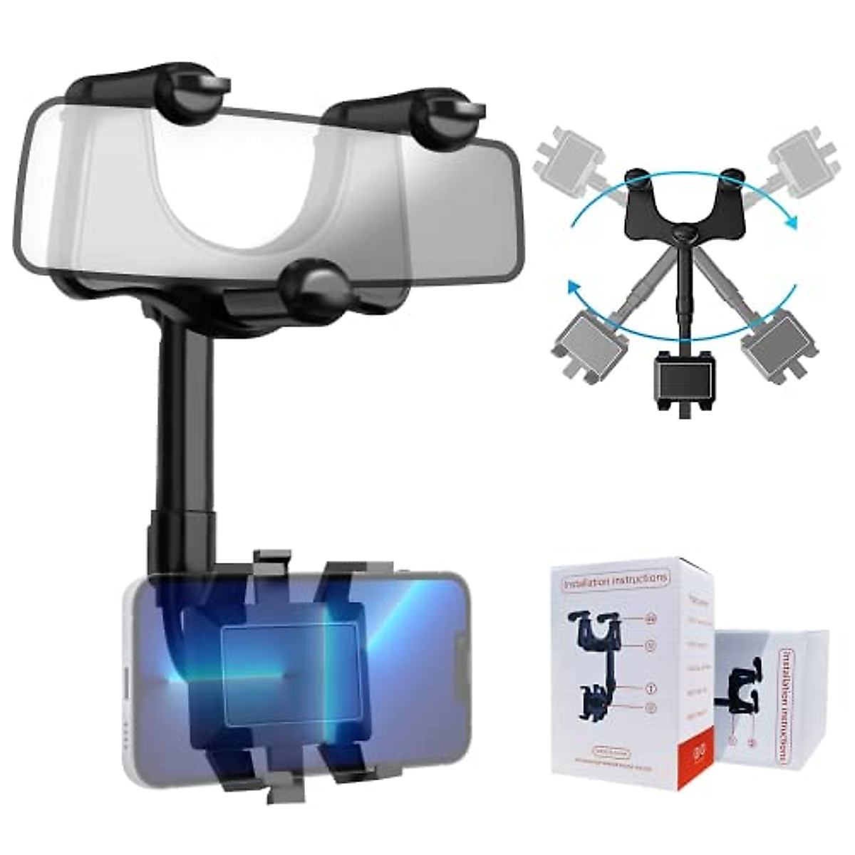 Rearview Mirror Phone Holder for Car-360° Rotatable and Retractable Car Phone Holder with Adjustable Length Upgraded Multifunctional Rearview Mirror Phone Holder for All Mobile Phones and All Car