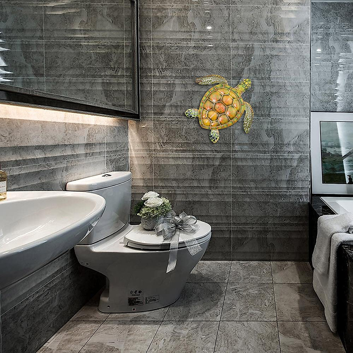 12Inch Large Turtle Wall Decor, Sea Turtle Ocean Hanging Sculpture, Metal Marine Life Theme Wall Decoration for Bathroom Bedroom Swimming Pool (YELLOW)