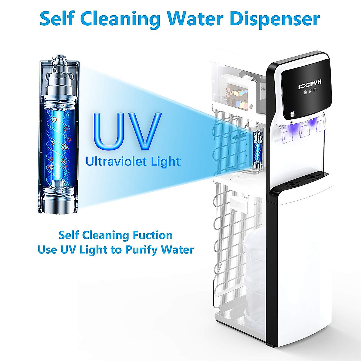 SOOPYK Water Dispenser Cooler Bottom Load Loading with 3 Temperatures Setting 3-5 Gallon Self Cleaning Cold and Hot Water Durable Steel Frame Child Safety Lock Removable Drip Tray for Home Office