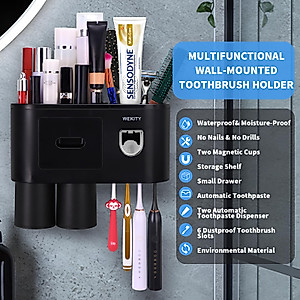 Wekity Toothpaste and Toothbrush Holder, Multi-Functional Toothbrush Holder Wall Mount for Bathroom Space Saving, with Toothpaste Dispenser and Colorful Gargle Cups (Black)