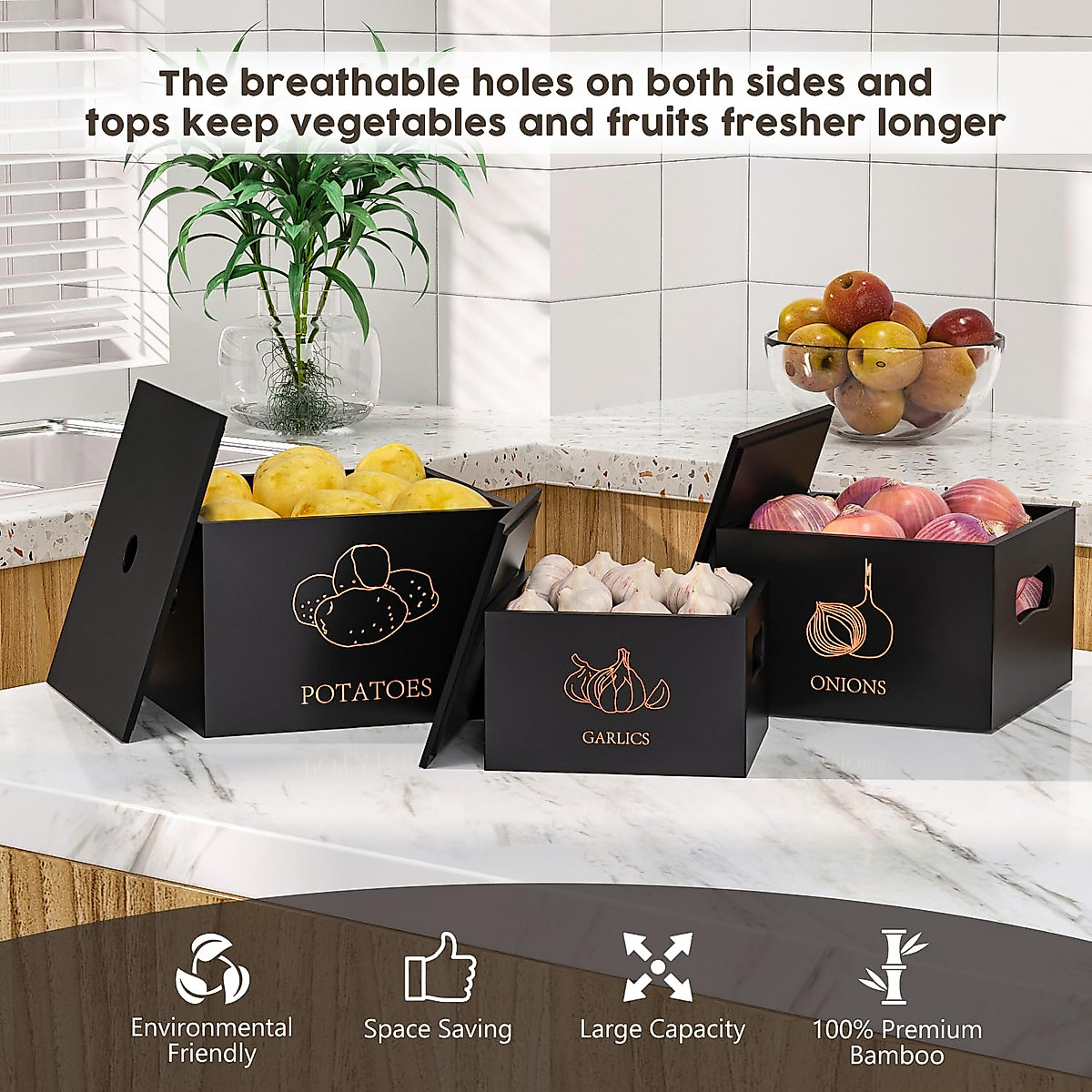 DALSHABET Potato and Onion Storage Bins, Premium Pantry Organizers and Storage, Bamboo Vegetable Garlic Keeper Solutions for an Organized Kitchen Black