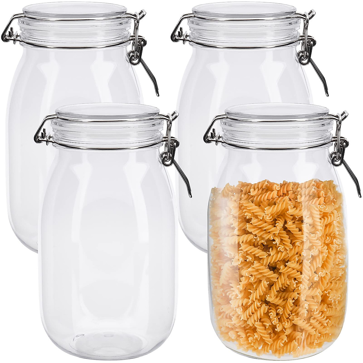 Lawei 4 Pack Plastic Mason Jars with Hinged Lids - 55 Oz Airtight Storage Canister Wide Mouth Kitchen Food Storage Jar for Sugar, Flour, Cereal, Coffee, Pasta, Cookies and Canning