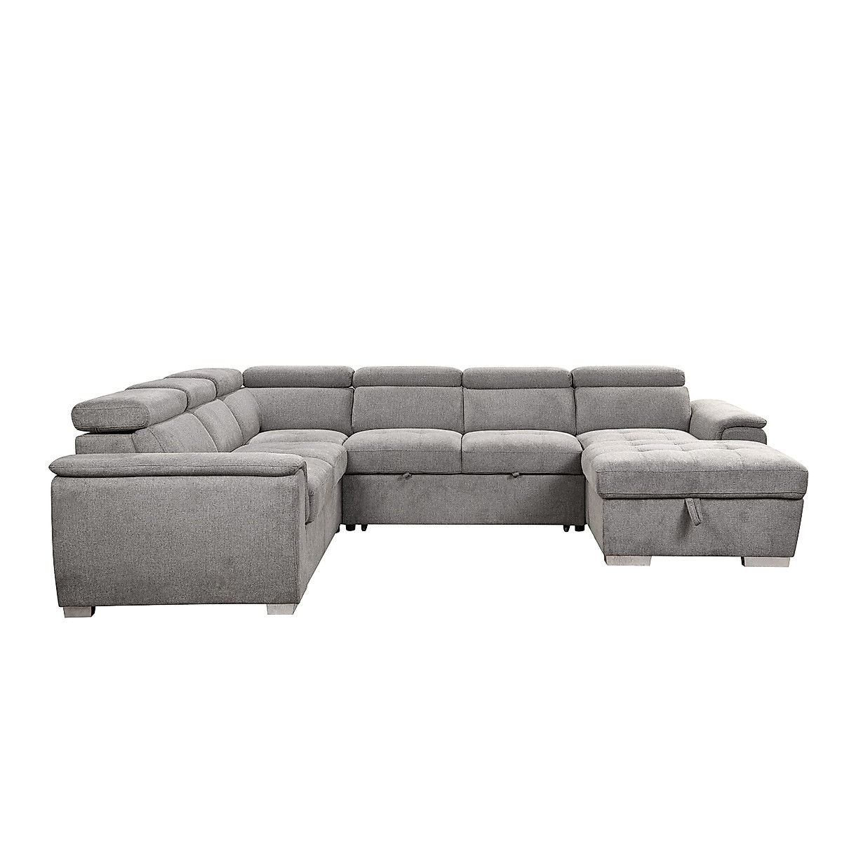 Eafurn 125'' U-Shaped Sectional Sleeper Right Storage Chaise Lounge and Pull Out Bed, 7-Seater Tufted Seat Oversized Sofa & Couches with Adjustable Headrest for Living Room, Light Gray