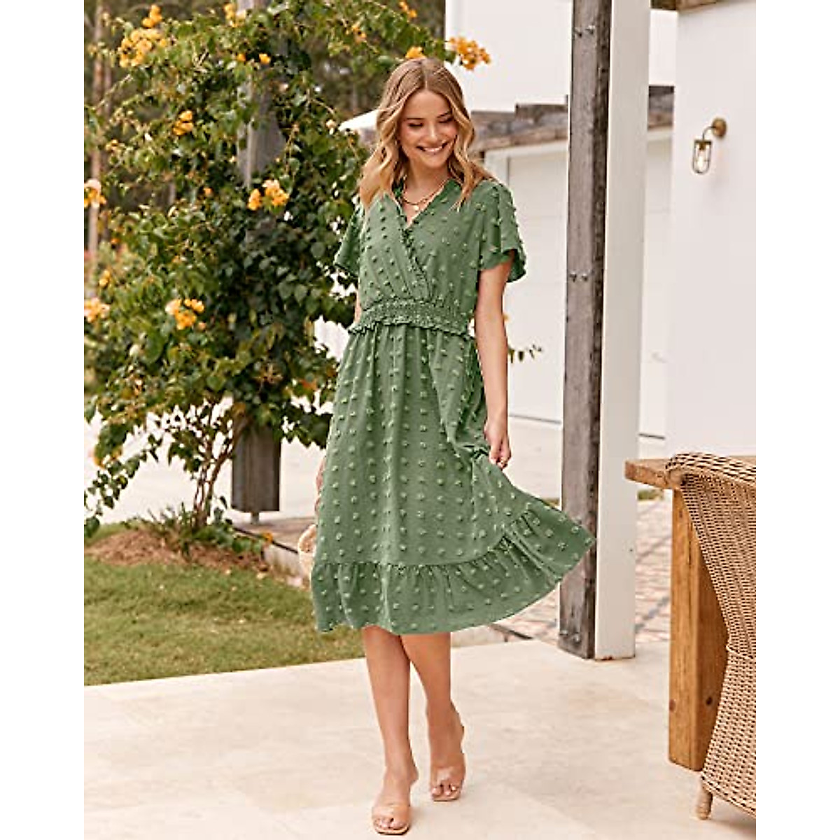 BTFBM Elegant Short Sleeve V Neck Swiss Dot Midi Summer Dresses for Women 2023 Boho Ruffle Long Dresses Ruffle Cocktail Dress（Solid Green,X-Large