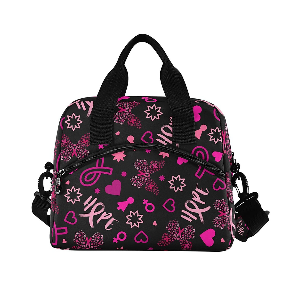 Breast Cancer Awareness Butterfly Lunch Bags for Women Men, Reusable Insulated Lunch Box, Adjustable Shoulder Straps Tote Lunch Bag for Work Picnic School