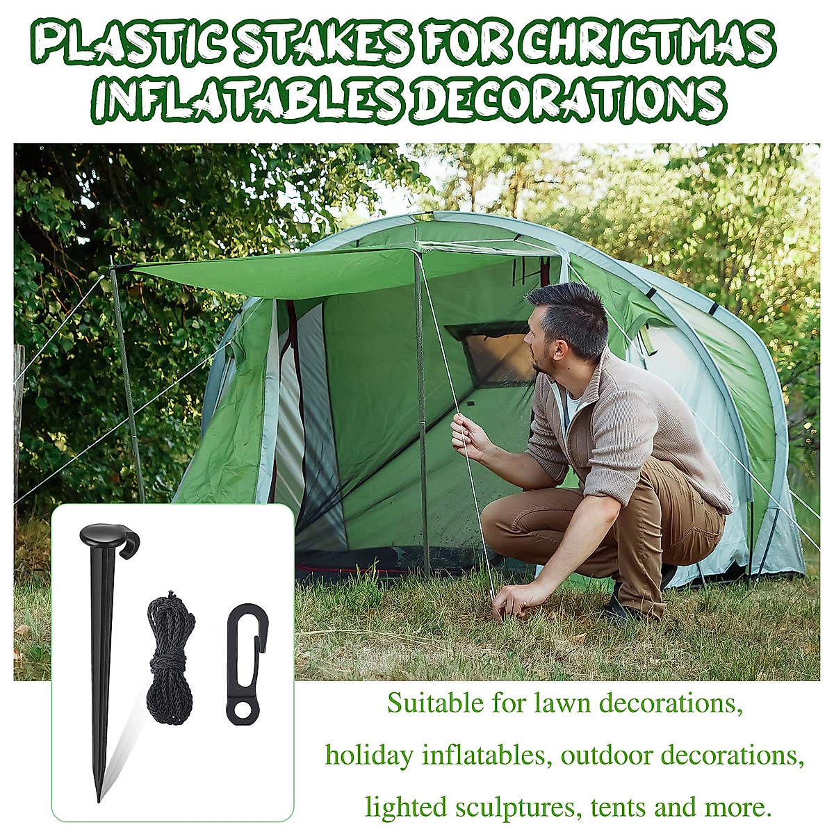 16 Sets Canopy Stakes with Nylon Ropes and Hook Tent Plastic Beach Tent Pegs Heavy Duty Tent Ground Anchor Stakes Outdoor Inflatables Stakes Tents Spikes for Garden Camping Lawn, 7 Inch