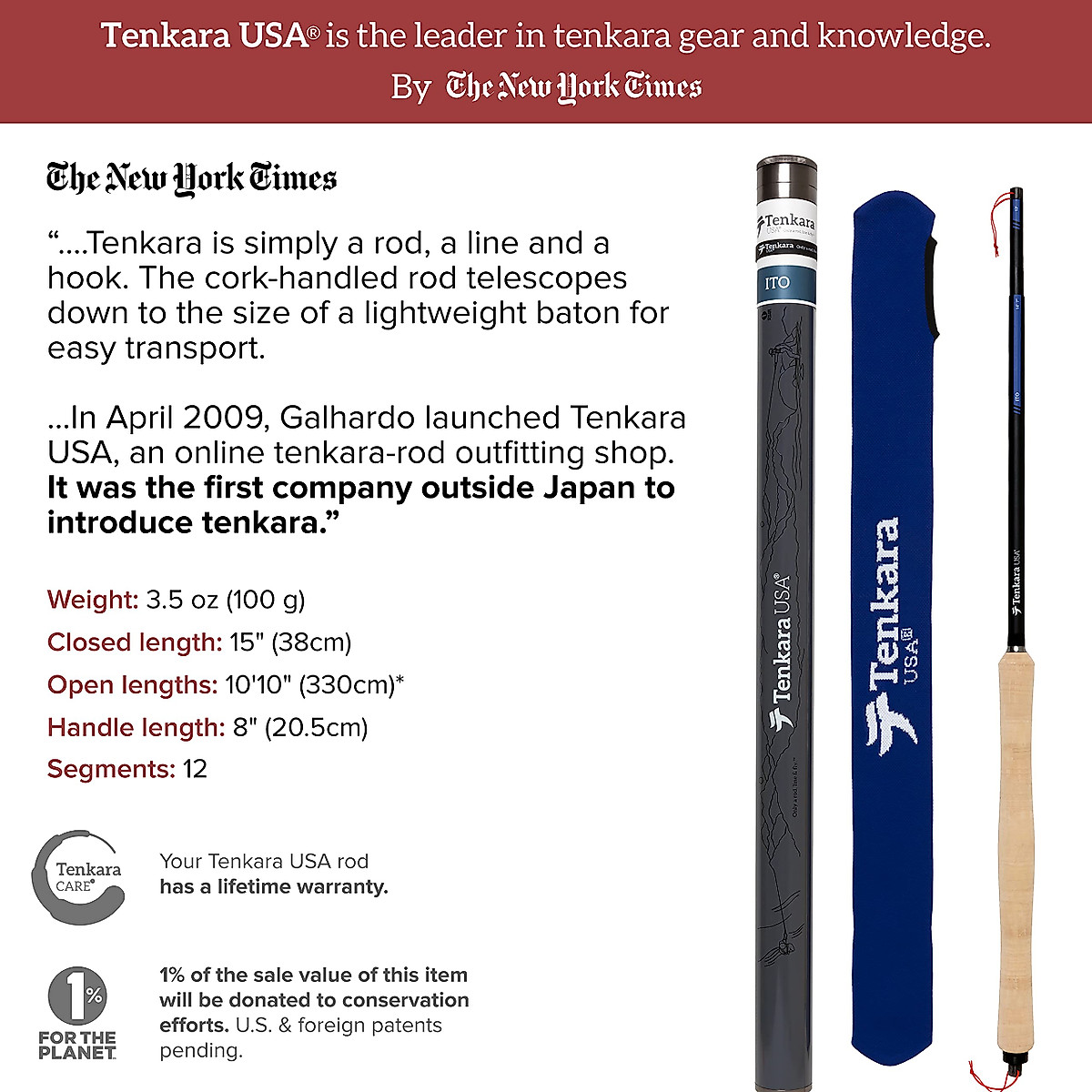 Tenkara USA Fly Fishing ITO™ Rod, for Large Fish & Wider Streams - Longest Rod - Carbon Fiber, Lightweight, Telescopic, Adjustable, 2 Multi-Lengths (13' / 14'7")