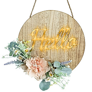 MEET ROSE Hello Sign Farmhouse Door Wreaths for Front Door Outside Decorations Round Wooden Rustic Door Hanger Hello Sign Porch Garden Decor Spring Hello Outdoor Wall Decor for Home (Wood color