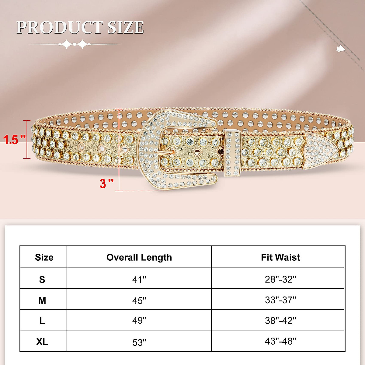 WHIPPY Women Rhinestones Leather Belt Bling Studded Western Cowgirl Waist Belt for Jeans Pants,S,Gold