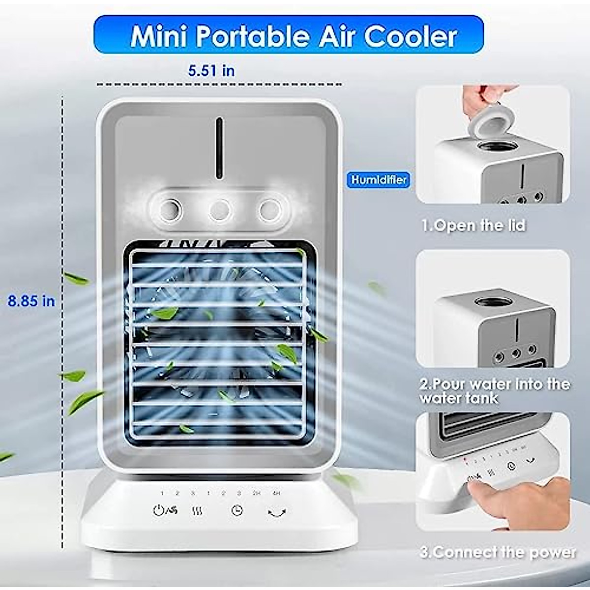 Portable Air Conditioner, 4 IN 1 Evaporative Air Cooler, Personal Mini Air Cooler with 3 Wind Speeds and 3 Cool Mist & 2-4H Timer, 90°Rotation Desktop Cooling Fan for for Home Room Camping Car Office