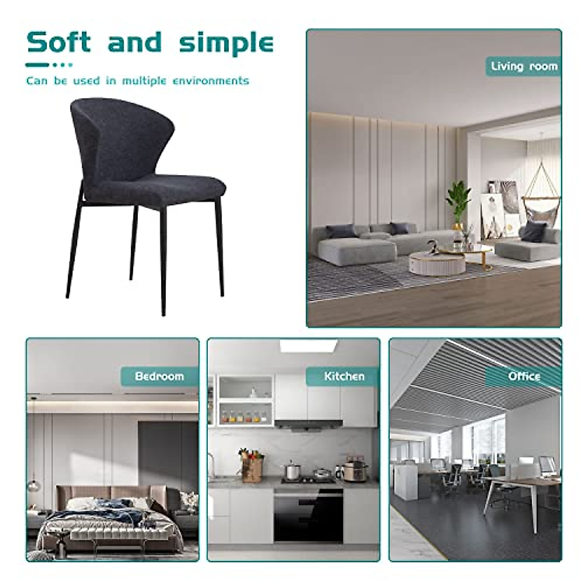 kevinplus Dining Chair Set of 2, Modern Kitchen Side Chair Accent Chair with Metal Legs, Fabric Upholstered Dining Room Living Room Dinner Kitchen Chair, Curved Backrest, Dark Grey