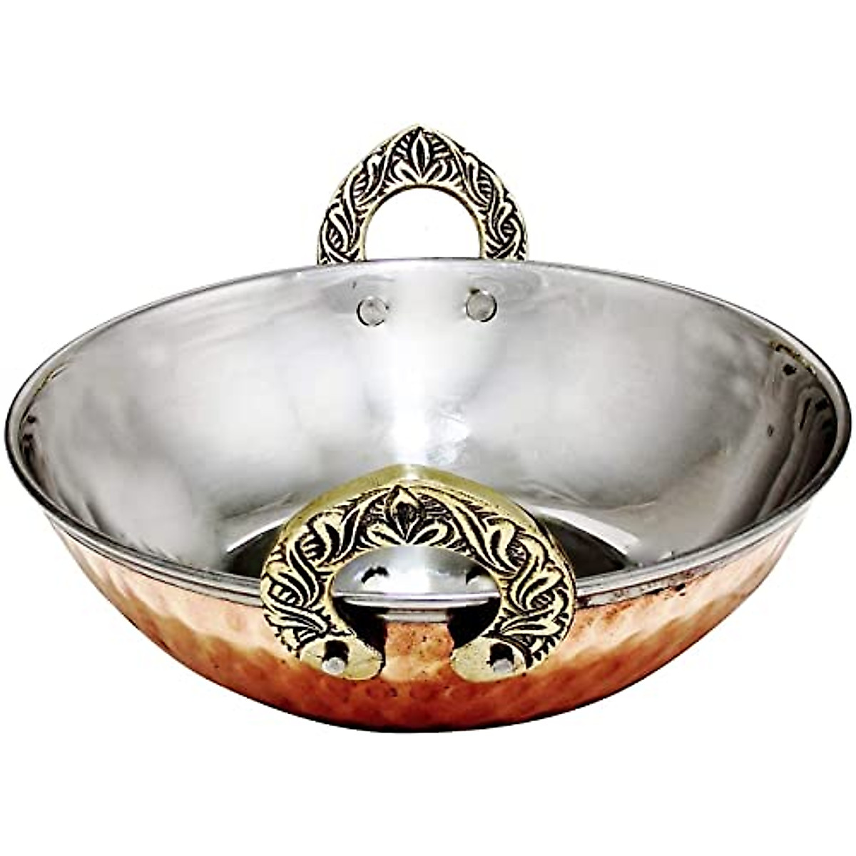 PARIJAT HANDICRAFT Stainless steel copper serving kadhai pan with steel mug and embossed brass shot jigger