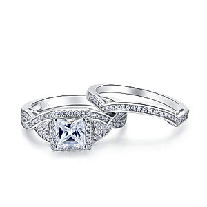 Sterling Silver 2 Pieces Princess Cut Cubic Zirconia Cross Shank Bridal Engagement Wedding Halo Ring Set,10