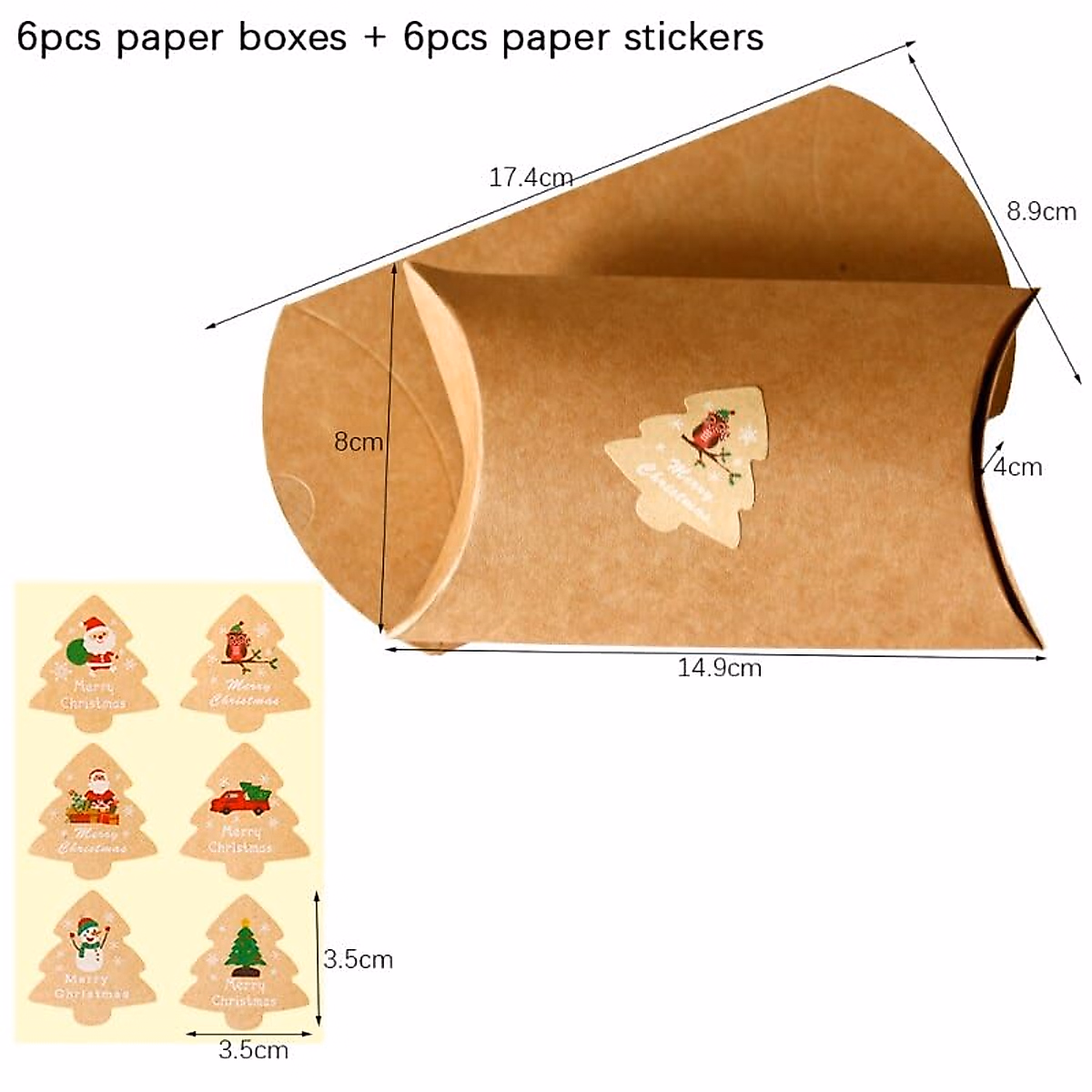 MODADA Gift Bags 6sets Christmas Gift Box Pillow Shape Kraft Paper Boxes New Year Party Gift Wrapping Packaging Bag Craft Candy Box with Stickers (Color : Kraft)