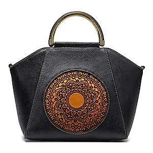 Women Genuine Leather Handbags, Organizer Retro Vegetable Tanning leather bag Vintage Embossing Totem Shoulder Bag (black)