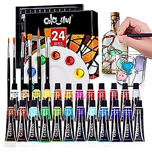 Colorful Stain Glass Paint Set with 6 Brushes, 1 Palette, 24 Color Waterproof Acrylic Enamel Painting Kit for Kids to Arts on Transparent Wine Glasses, Light Bulbs, Porcelain, Windows and Ceramics
