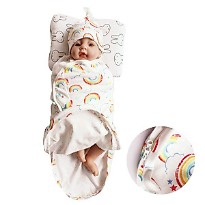 Baby Swaddle Wrap Newborn Cotton Blanket Rainbow Infant Sleeping Sack Set Include Sleeping Bag Crib Wrap+Hat+Gloves+Burp Cloth