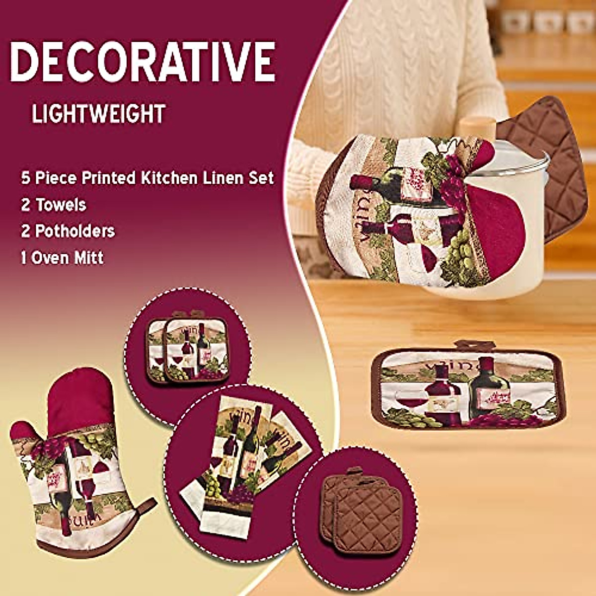 Lobyn Value Packs Decorative Lightweight Kitchen Towel Set 5 Piece Towels
