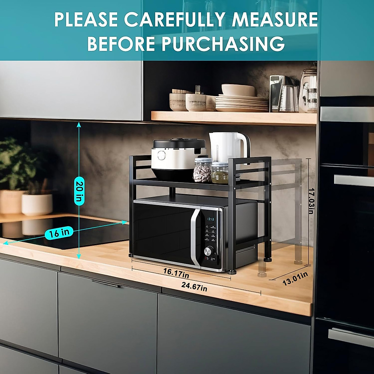 Microwave Oven Rack, Expandable Microwave Stand Countertop Kitchen Utensils Tableware Storage, Carbon Steel Over Microwave Shelf Countertop with 3 Hooks (2 Tier(17IN))