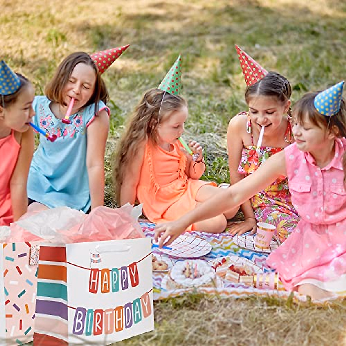 Beautiful Birthday Gift Bags Set of 2 - Large 16" Bags with Handles incl. Matching Tissue Paper, Cards & Stickers - Reusable and Perfect For Presents of Any Girls/Boys Kids Party & Special Occasion