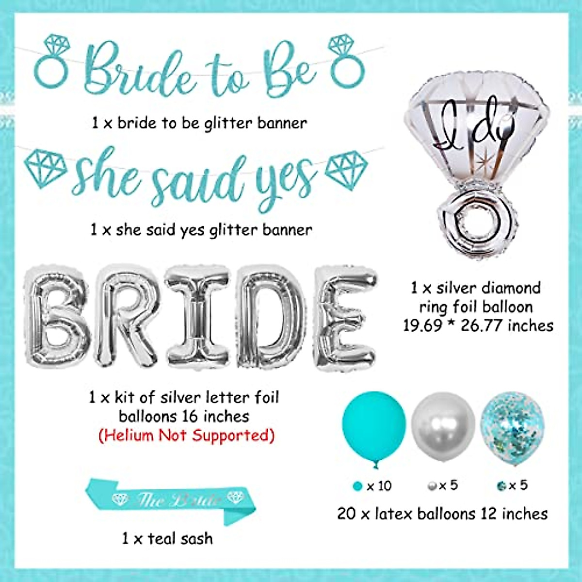 Teal Bachelorette Party Decorations Kit, Bridal Shower Decorations Teal for Girls with Bride Letter Balloons, She Said Yes Glitter Banner, The Bride Sash and Silver Diamond Ring Foil Balloon