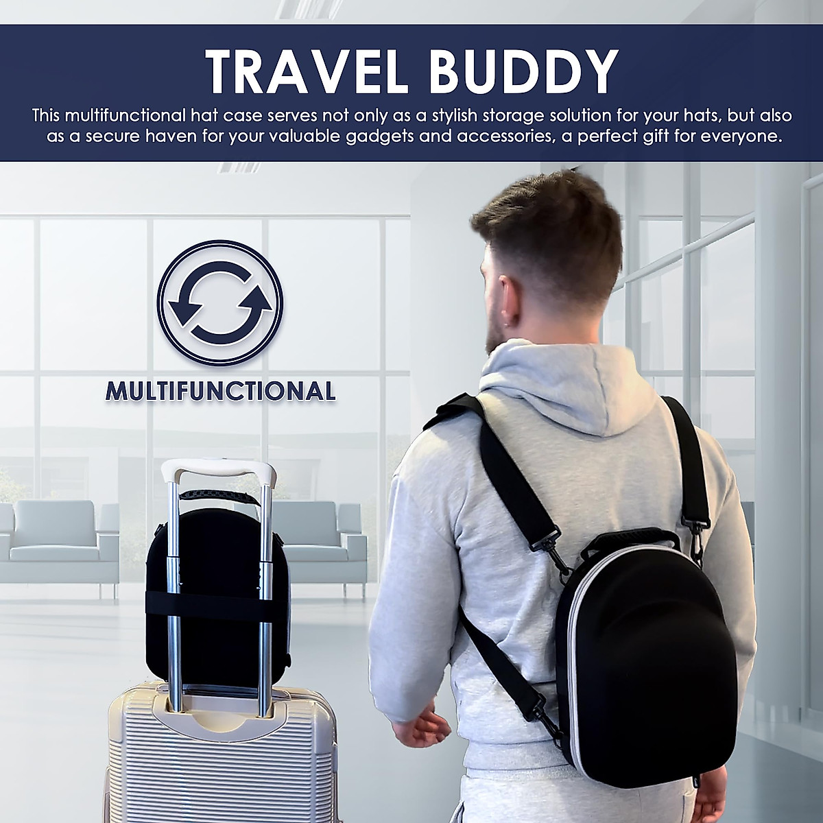 MyGo2 Hat Travel Hard Case | Storage bag for Hats, Hat Carrier Box for Baseball Caps | Hat Organizer Case with Adjustable Shoulder Straps, Detachable Jewelry Case and Detachable Sunglasses Case