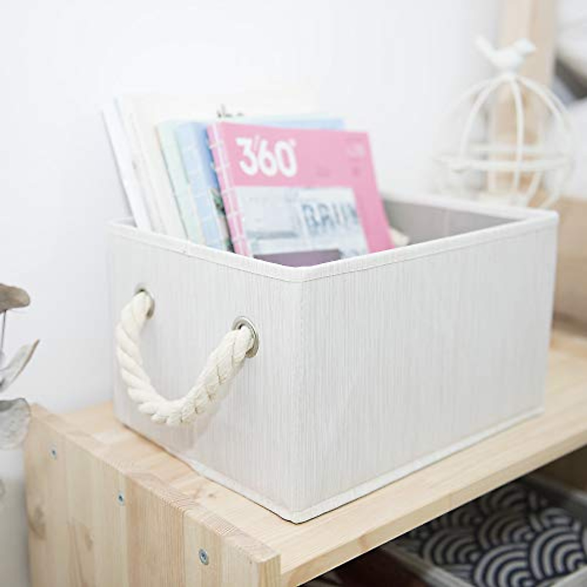 Foldable Fabric Storage Bin w/Cotton Rope Handles, Ivory (11L), 2-Pack