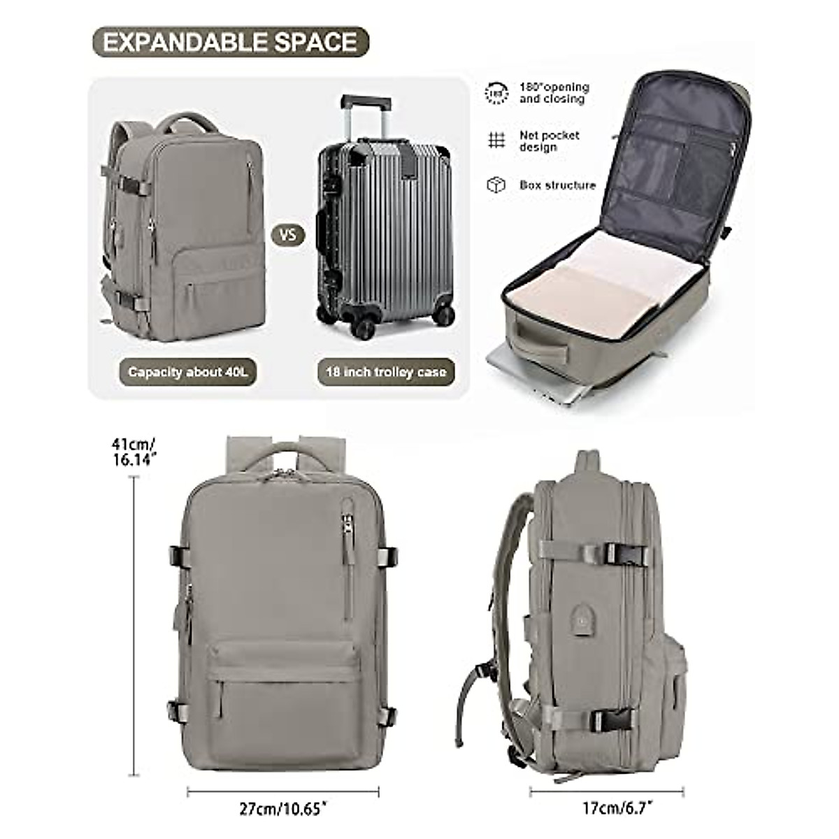 VGCUB Carry on Backpack,Large Travel Backpack for Women Men Airline Approved Gym Backpack Waterproof Business Laptop Daypack, Brown