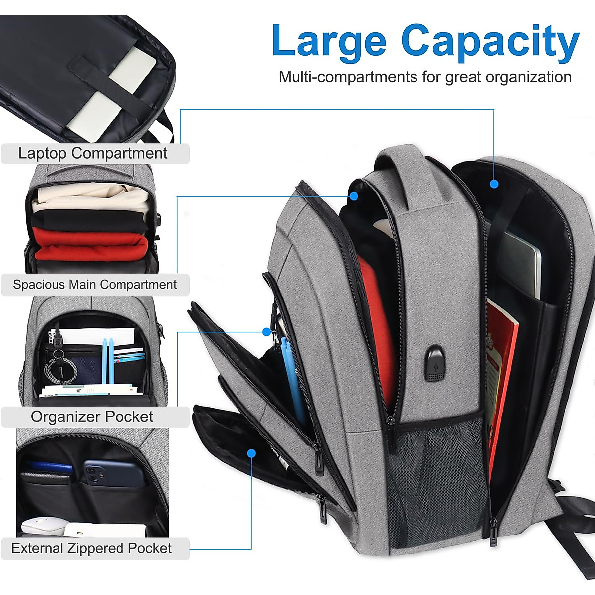 Travel Large Laptop Backpack, TSA Friendly 17 Inch Laptop Backpack for Men Women Water Resistant Business Carry On Backpack with USB Charger Port and Luggage Sleeve Work Anti Theft Rucksack, Grey
