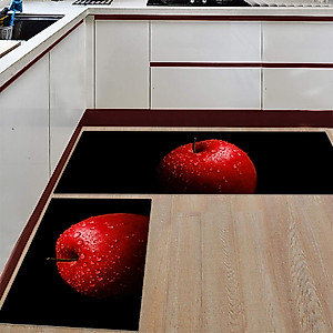 Victories Kitchen Area Rug Pad Set 2 Piece-Non Slip Comfort Cushioned Doormat,3D Red and Black Fruits Oil Painting Floor Mat Rug Runner Set Kitchen/Living Room/Bedroom Carpet