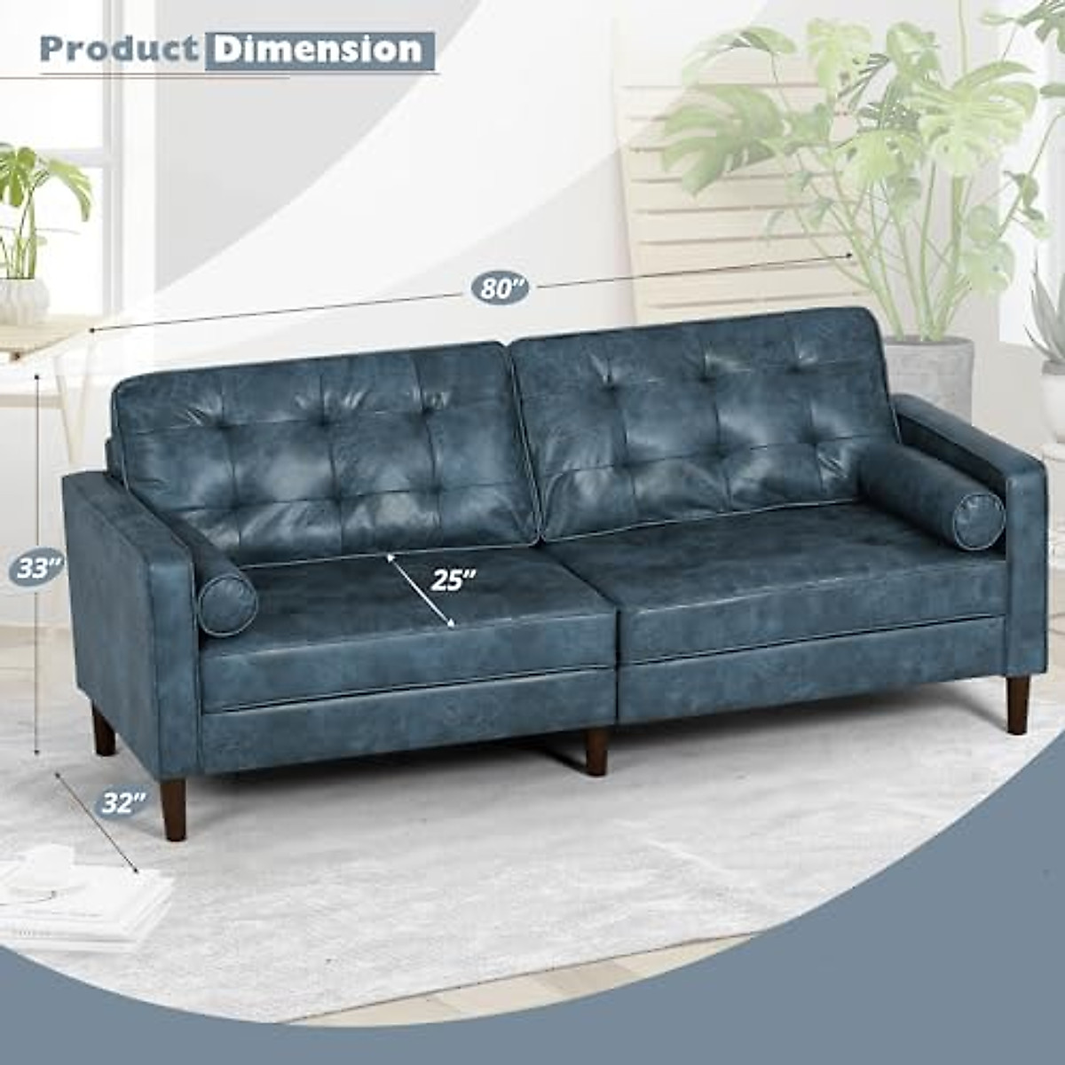 Lesofair 80" Faux Leather 2-seat Sofa with 2 Bolster Pillows, Tufted Loveseat with Wooden Legs, Modern Couch Suitable for Living Room, Office, Blue