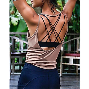 OYANUS Womens Summer Workout Tops Sexy Backless Yoga Shirts Loose Open Back Running Sports Tank Tops Cute Muscle Tank Sleeveless Gym Fitness Quick Dry Activewear Clothes for Juniors Bisque M