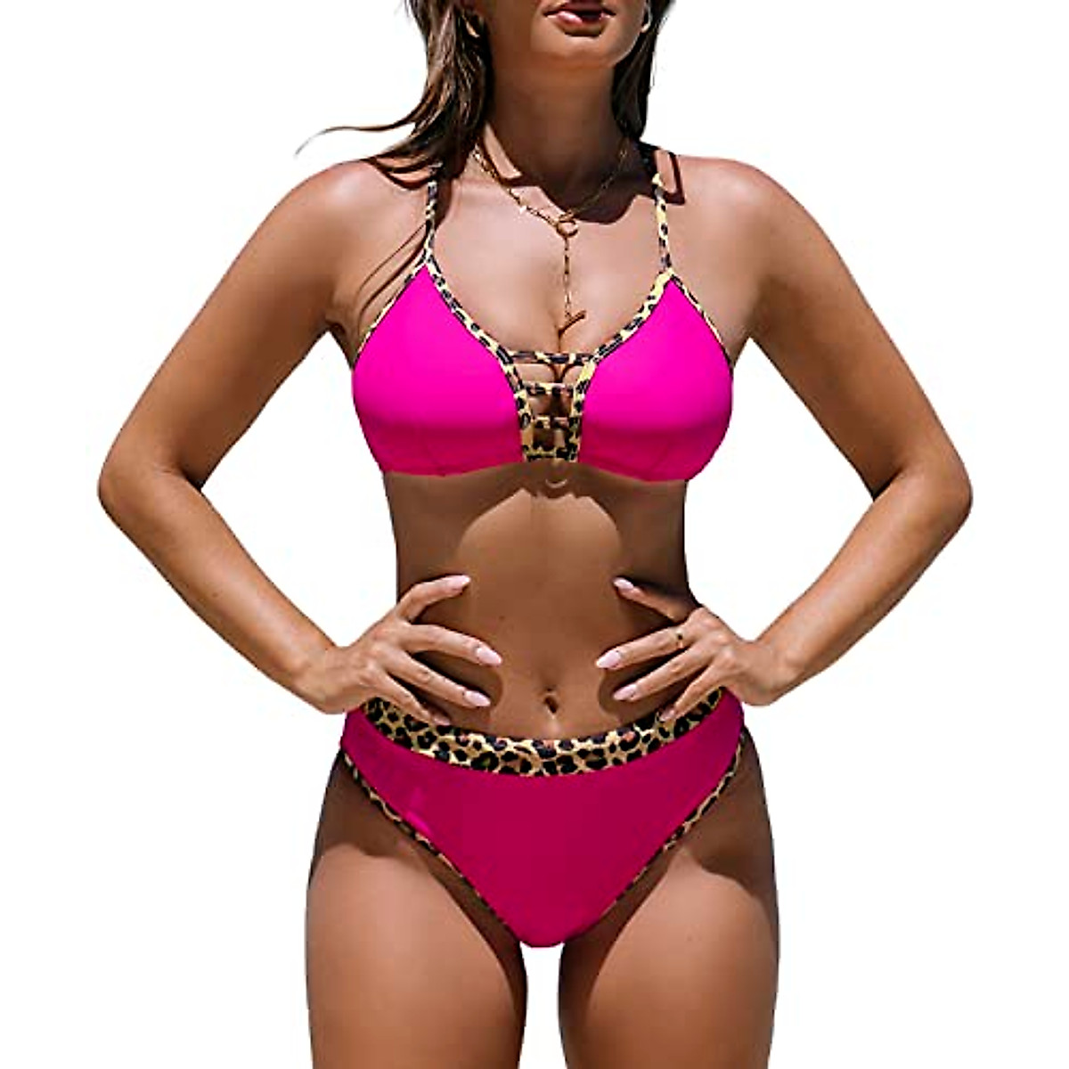 popvil Bikini Sets for Women Patchwork Bathing Suits Front Strappy Two Piece Swimsuit Rose Red