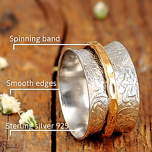 Boho-Magic 925 Sterling Silver Spinner Ring for Women with Brass Fidget Ring Flowers Band (10)