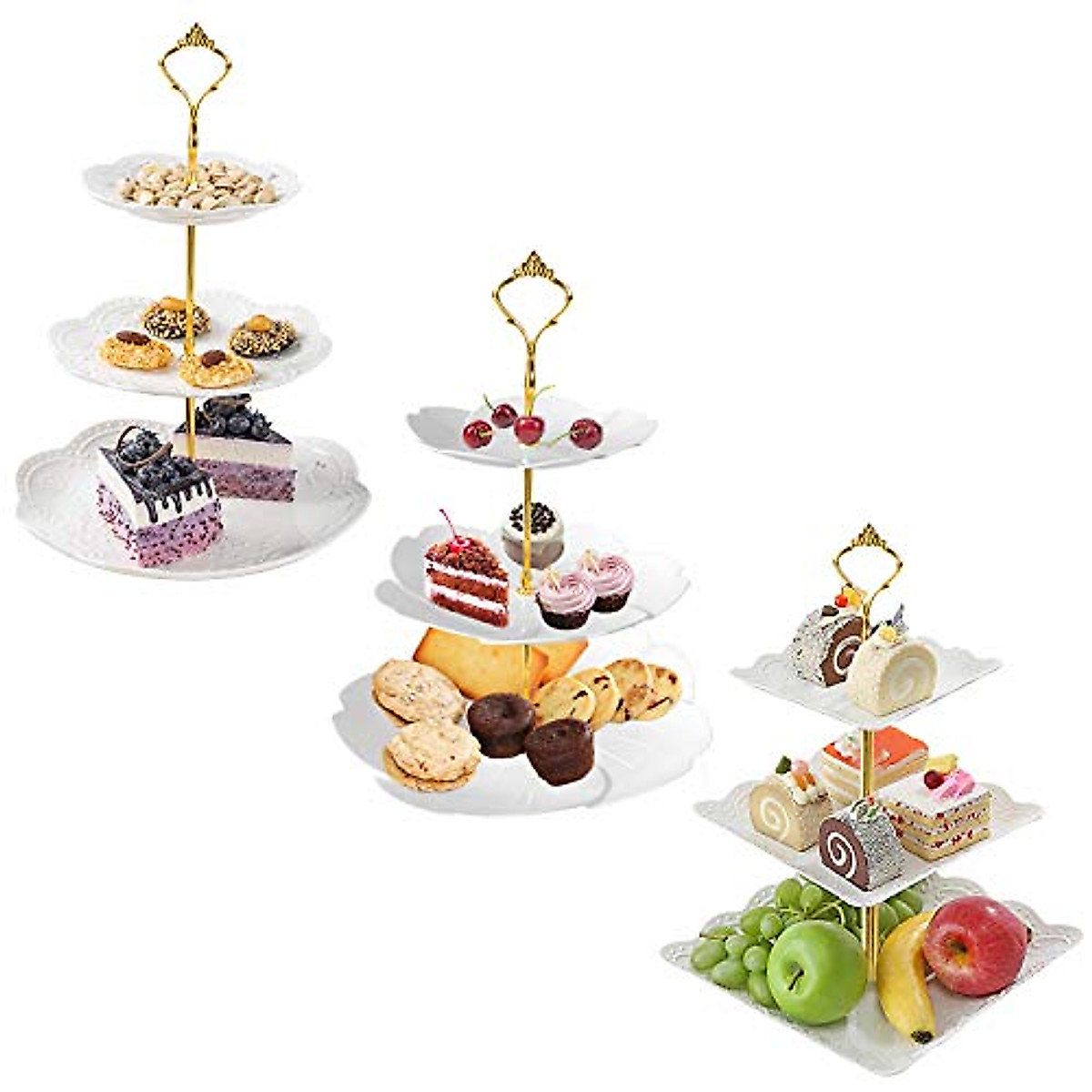 3 Set 3 Tier White Dessert Stands, Plastic Tiered Cake Stands, Fruit Candy Display Includes Square/Sakura-Shaped/Round Dessert Tiered Stand for Wedding Birthday Family Party