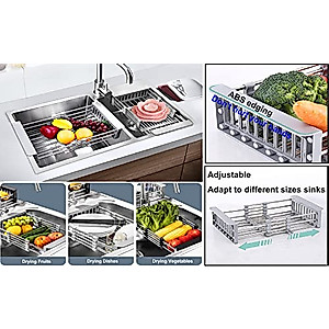 GULICA Dish Drying Rack Black, Adjustable Stainless Steel Drainer Basket Drain Tray for Dish Vegetable Fruit, 18.2" x 8.9", On or in Sink Kitchen Basket Dish Drying Rack