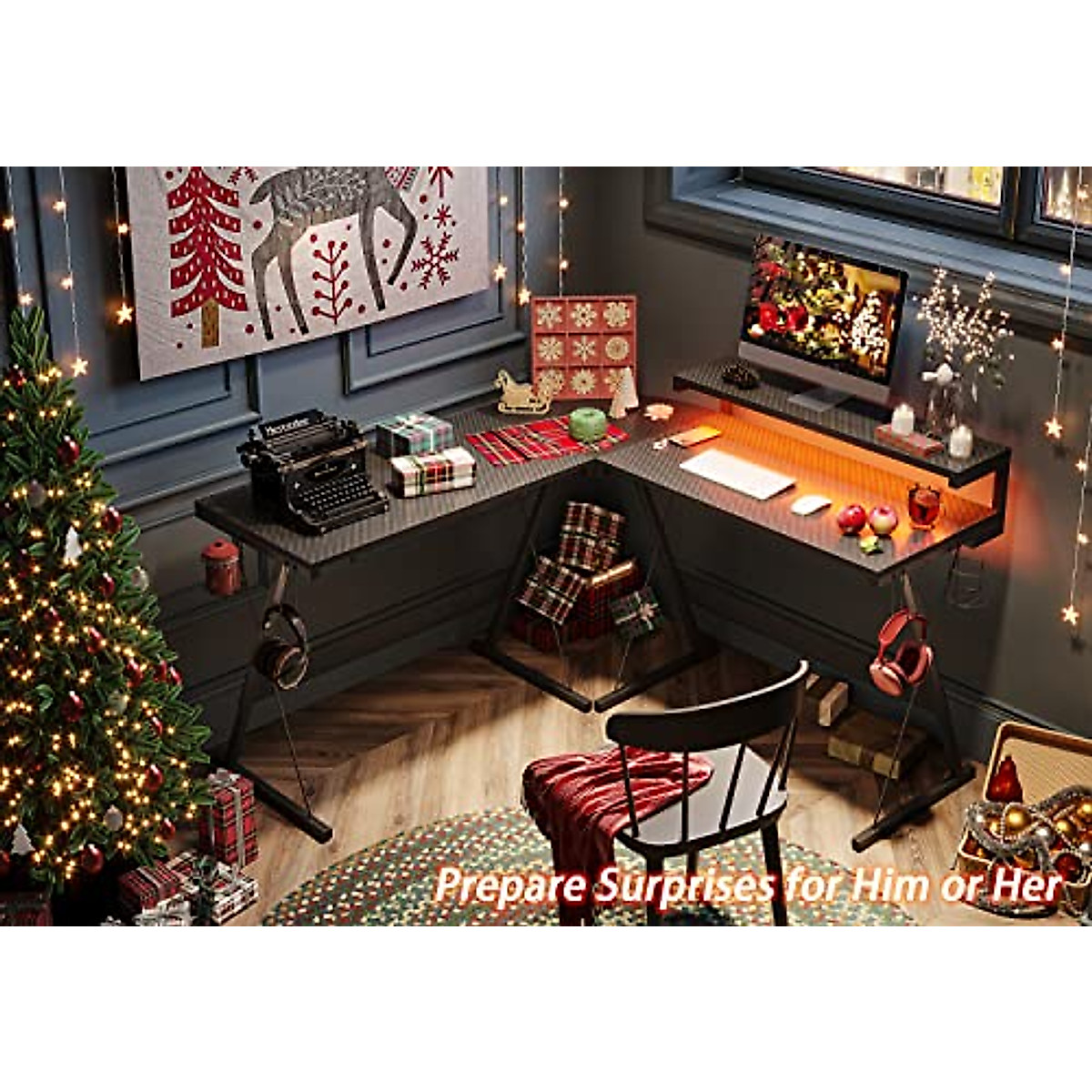 Bestier LED Gaming Desk 55" L Shaped Computer Corner Desk with 2 Cup Holders 2 Headset Hooks 36" Large Monitor Shelf Home Office Desk Bedroom Reversible 72" Long Desk for 2 Persons, Black