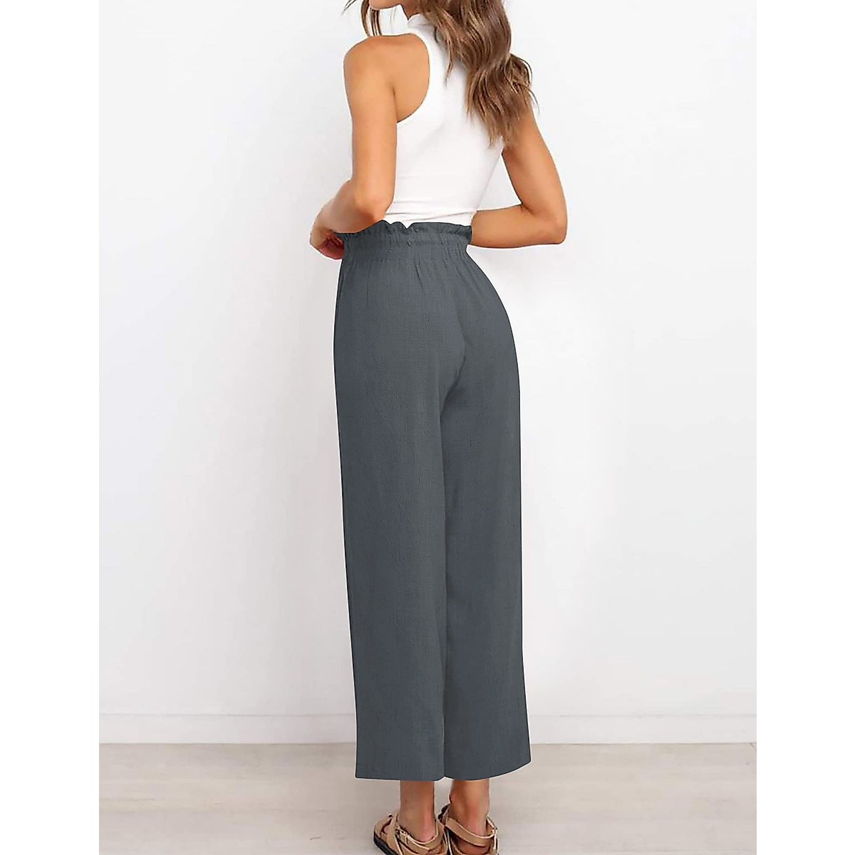 MAVIS LAVEN Women's Linen Pants High Waisted Wide Leg Drawstring Casual Loose Trousers with Pockets,Dark Gray,Medium