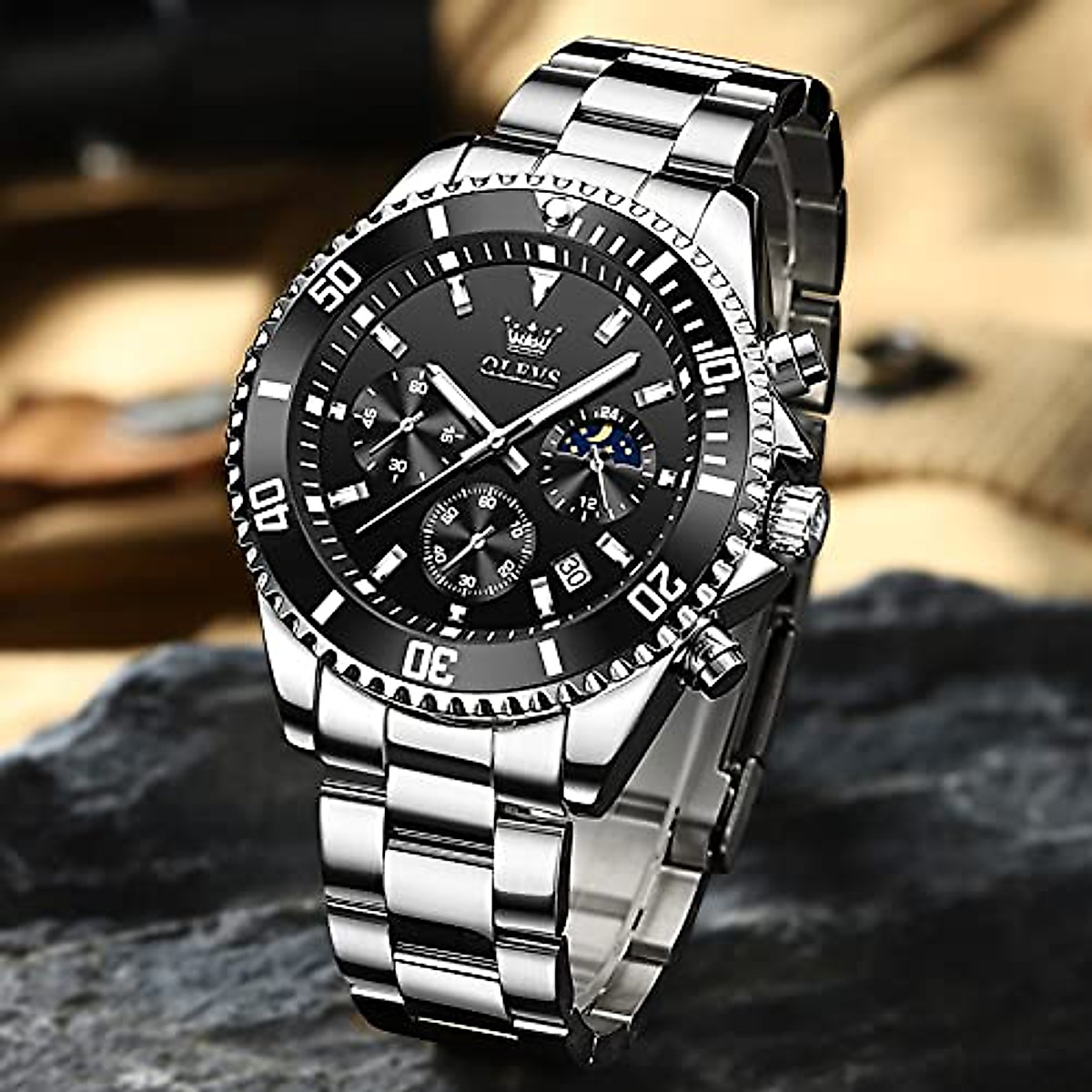 OLEVS Black Silver Watches for Men Classic with Date Business Dress Chronograph Big Face Reloj para Hombre Waterproof Luminous Mens Wrist Watch Analog Party Fashion Stainless Steel Man Watch