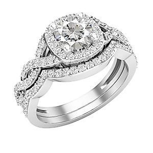 Dazzlingrock Collection 5.8 mm Round Lab Created White Sapphire & Natural White Diamond Women Twisted Style Halo Wedding Ring Set, Sterling Silver, Size 7