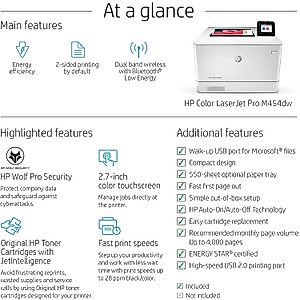 HP Color Laserjet Pro M454dw Print only Wireless Ethernet Laser Printer for Home Office, 28 ppm, 2.7" Touchscreen, 600 x 600 dpi, 8.5 x 14, 512MB RAM, Auto Duplex Printing, White, Cbmou Printer Cable