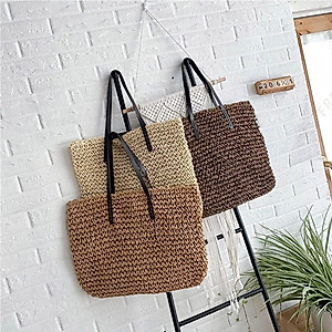 Straw Beach Bag with Zipper Large Woven Summer Boho Tote Handbag Rattan Wicker Purse for Shopping Summer Vacation (R)