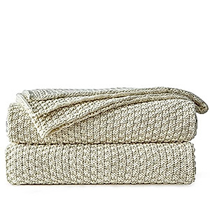 Longhui bedding Cream Knitted Throw Blanket for Couch, Soft, Cozy Machine Washable 100% Cotton Sofa Knit Blankets, Heavy 3.0lb Weight, 50 x 63 Inches, Beige Color