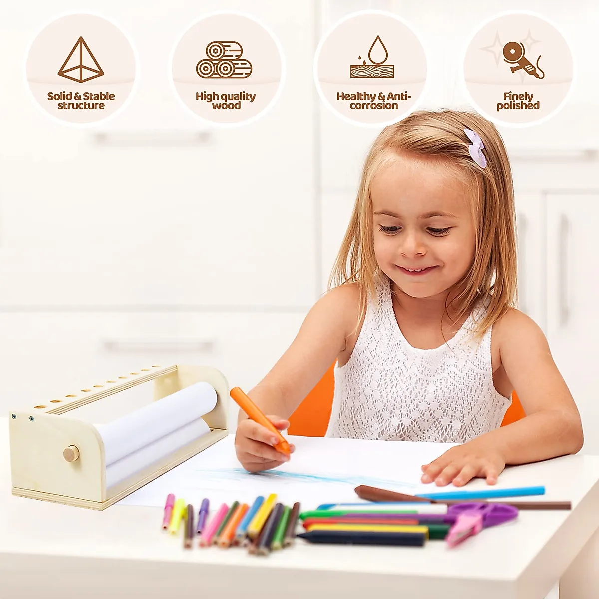 Beright Wooden Tabletop Paper Roll Dispenser, not with Paper, Suitable Size for 11.8" Width Paper Rolls, Desktop Solidwood Easel for Kids Drawing and Writing